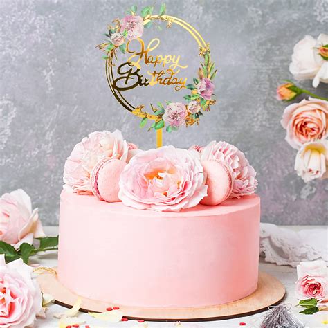 Buy 6 Pieces Happy Birthday Cake Toppers Gold Flower Acrylic Cake