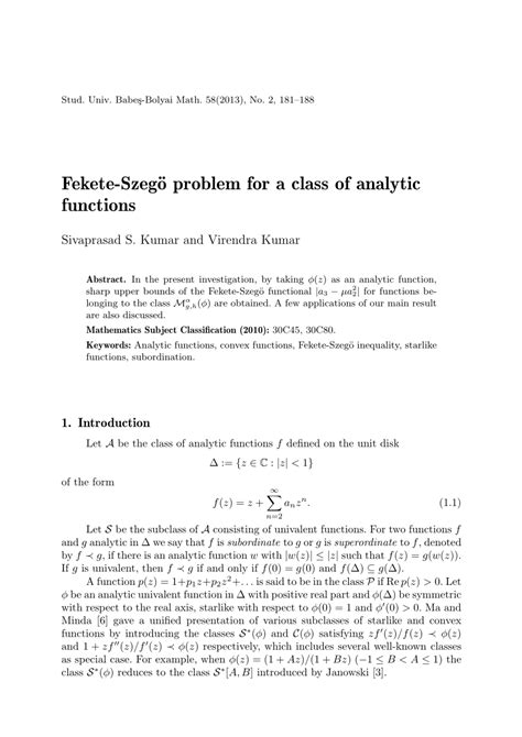 Pdf Fekete Szegö Problem For A Class Of Analytic Functions