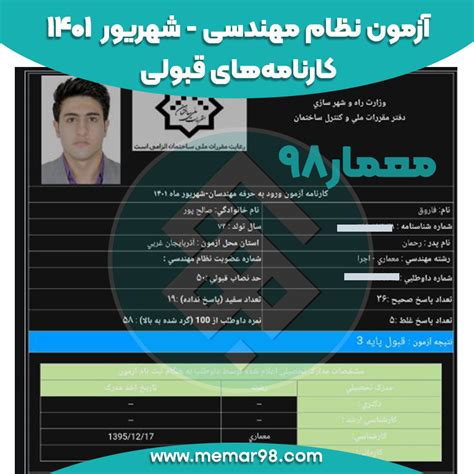 کارنامه‌های قبولی آزمون‌ نظام مهندسی شهریور 1401 معمار 98