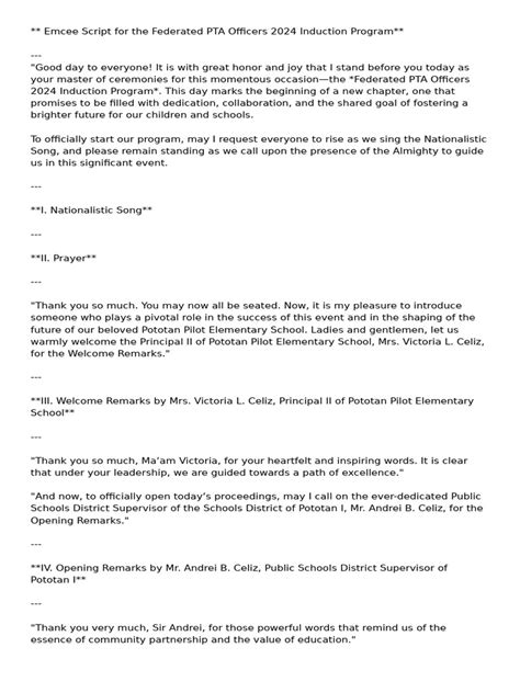 Emcee Script For The Federated Pta Officers 2024 Induction Program Pdf