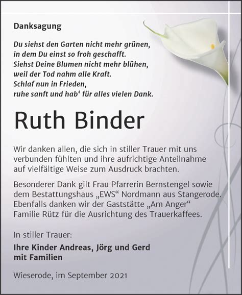 Traueranzeigen Von Ruth Binder Abschied Nehmende