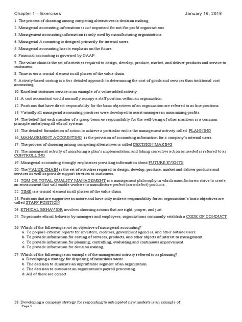 Managerial Accounting Chapter 1 Exercises Pdf Management Accounting Accounting