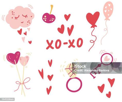 발렌타인 데이에 대한 낭만적 인 요소 과자 롤리팝 구름 하트 반지 공 및 열쇠 초대 스티커 인사말 카드 등에 대한 벡터 일러스트레이션 개체 그룹에 대한 스톡 벡터 아트 및