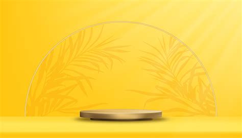 연단 디스플레이와 야자수 잎 테두리가 있는 스튜디오 룸은 노란색 벽 배경에 있으며 갤러리 룸에 잎 그림자가 있는 벡터 3d 골든 실린더 판매를 위한 제품 프레젠테이션을 위한