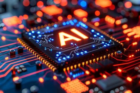 Ai Microchip On Futuristic Circuit Board Glowing Blue And Red Lights High Tech Innovation