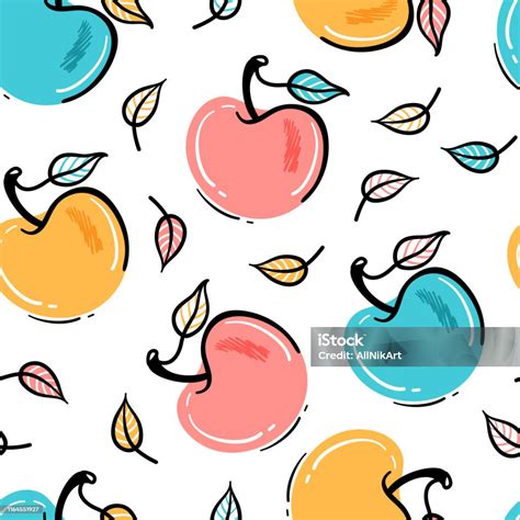 애플 과일 반복 배경 손으로 그린 낙서 사과와 잎과 원활한 패턴 다채로운 과일 바탕 화면 건강한 여름 음식 배경 공휴일에 대한 스톡 벡터 아트 및 기타 이미지 Istock