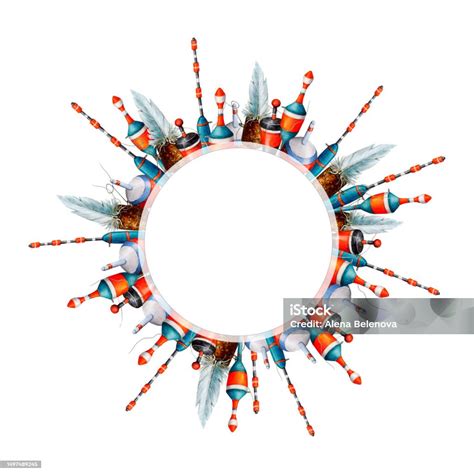 낚싯줄이 있는 다양한 낚시 버블러 빨강 흰색 파랑 검정색의 둥근 프레임을 수채화로 그립니다 배경 화면 로고 배너 아이콘 카드 전단지 직물 엽서 포장지 스티커 배경 화면용