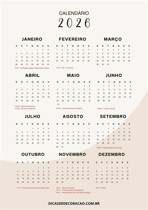 13 Calendários De 2026 Com Feriados Para Imprimir Dicas De Decoração