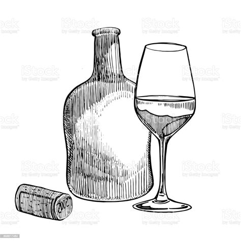 레드 와인 병 및 유리 흰색 배경에 고립 스타일 벡터 일러스트 레이 션을 스케치 합니다 현실적인 손을 그리기입니다 조각 스타일 일러스트입니다 0명에 대한 스톡 벡터 아트 및