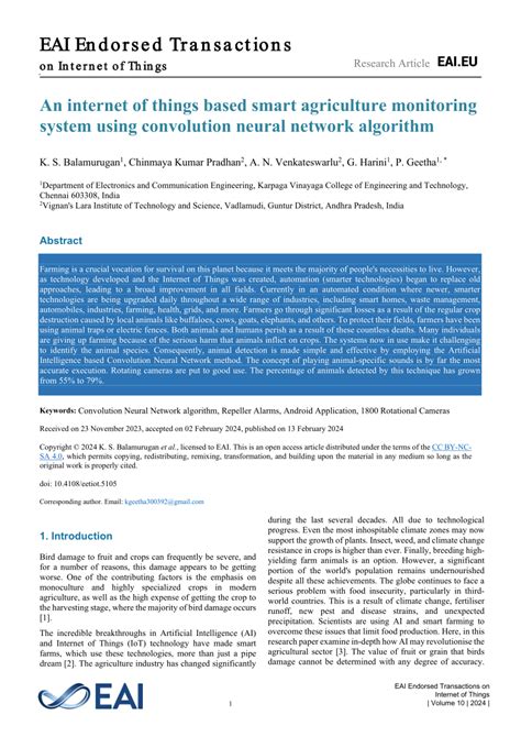 Pdf An Internet Of Things Based Smart Agriculture Monitoring System Using Convolution Neural