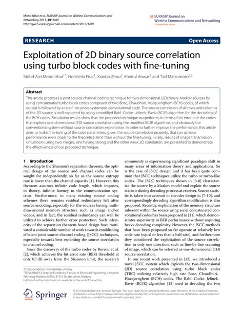Pdf Exploitation Of 2d Binary Source Correlation Using Turbo Block Codes With Fine Tuning