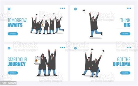 졸업의 개념 웹 사이트 방문 페이지 졸업 가운에 행복한 학생들은 모자를 던지고 재미 코스를 완료 행복 웹 페이지 만화 선형