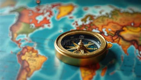 Golden Compass Sits On Colorful World Map Background Travel Discovery