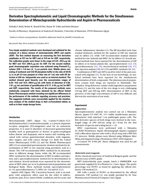 Pdf Derivative Spectrophotometric And Liquid Chromatographic Methods For The Simultaneous