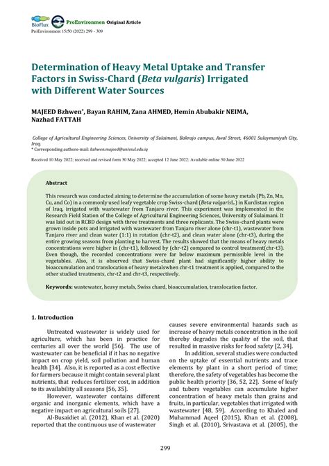Pdf Determination Of Heavy Metal Uptake And Transfer Factors In Swiss