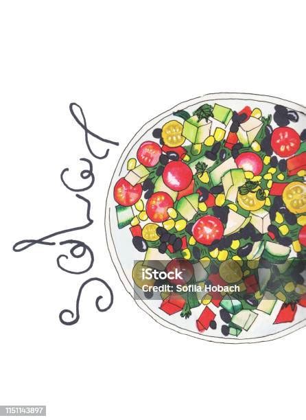 그린 올리브 체리 토마토 유기농 음식으로 신선한 샐러드의 손으로 그린 스케치 그리기에 대한 스톡 벡터 아트 및 기타 이미지 그리기 저녁 식사 채식 음식 Istock