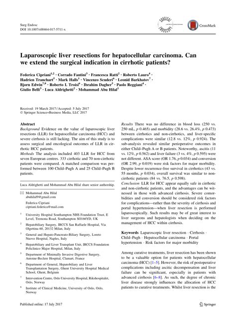 Pdf Laparoscopic Liver Resections For Hepatocellular Carcinoma Can We Extend The Surgical