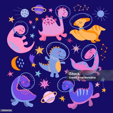 공간에서 귀여운 만화 공룡의 세트 진한 파란색 배경의 벡터 그래픽입니다 노트북 포장 포스터 엽서 베개 용 프린트의 표지 디자인을위한 밝은 유치한 이미지 0명에 대한 스톡