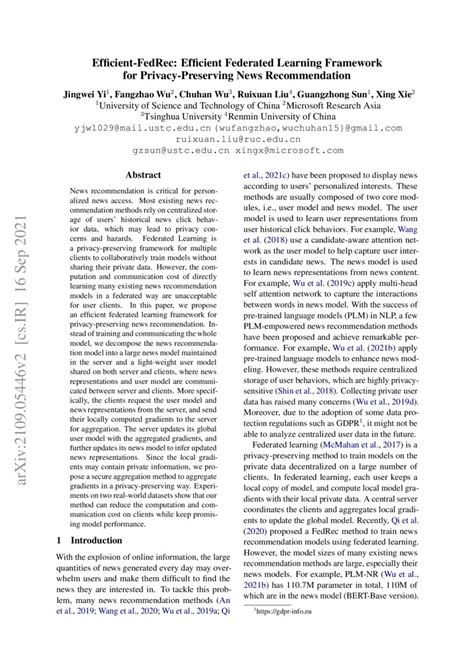 Efficient Fedrec Efficient Federated Learning Framework For Privacy Preserving News