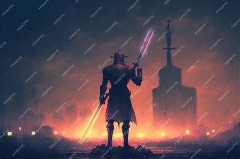 Premium Photo Robot With Sword Robot With Glowing Sword Standing Alone In The Apocalyptic City