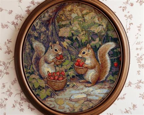 Squirrels And Strawberries Vintage Cross Stitch Pattern Pdf Etsy