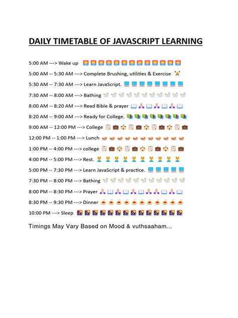 Daily Timetable Of Javascript Learning Pdf