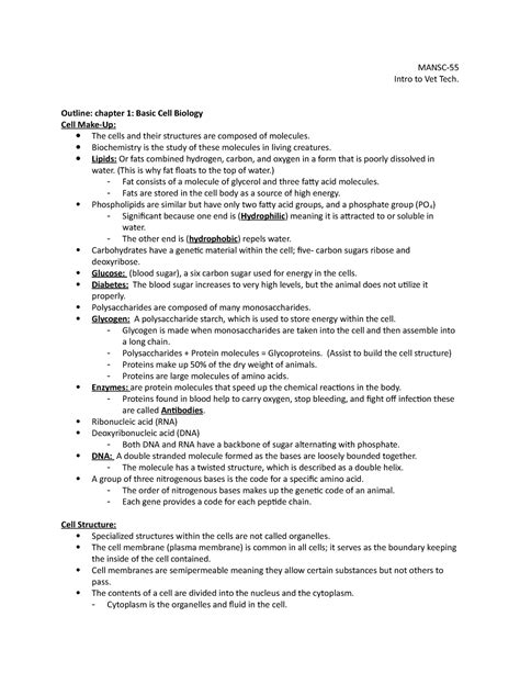 Intro VET TECH Notes MANSC Intro To Vet Tech Outline Chapter Basic Cell Biology Cell