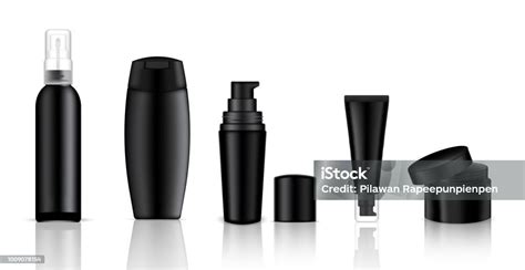현실적인 블랙 화장품 비누 샴푸 크림 스프레이 병 설정 배경 그림을 모의 0명에 대한 스톡 벡터 아트 및 기타 이미지 0명