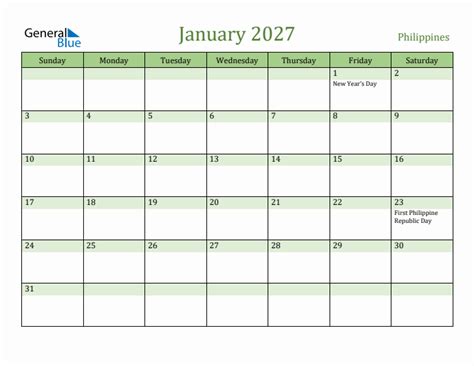January 2027 Monthly Calendars With Philippines Holidays