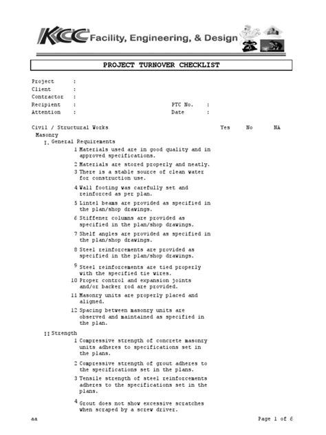 Project Turnover Checklist Masonry Beam Structure
