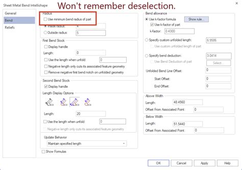 Bug Sheet Metal Minimum Bend Radius Wont Remember Deselection In