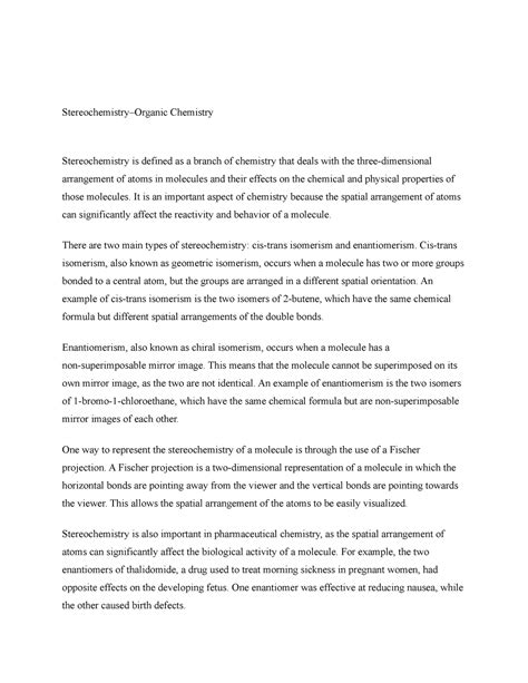 Stereochemistry The Following Document Provides A Detailed Description Of Tutorial Work For