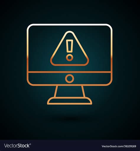 Gold Line Computer Monitor With Exclamation Mark Vector Image