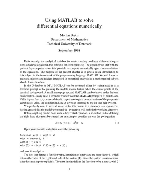 Using Matlab To Solve Differential Equations Numerically Pdf