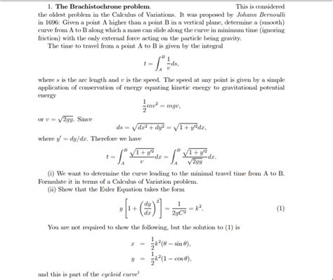 Solved 1 The Brachistochrone Problem This Is Considered