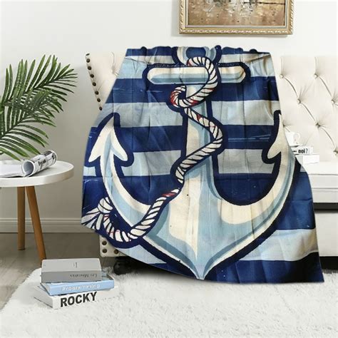 Nawypu Navy Stripes Blanket Nautical Theme Anchor Throw Blanket Warm And Cosy For Bed Couch