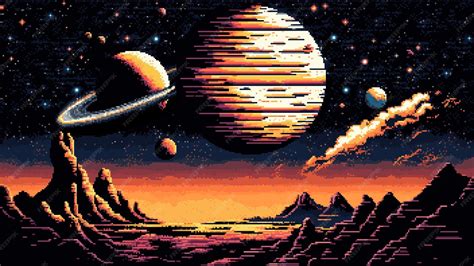 은하계 행성과 별이 있는 8비트 픽셀 공간 풍경 Ai는 벡터 공간 행성 사막 바위 산과 돌 환상적인 우주 배경을 사용하여 복고풍