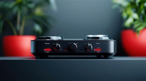 Black Audio Interface With Control Knobs And Led Indicators Placed On A Desk With Plants In A