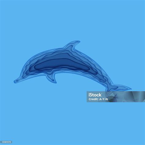 종이에서 잘라 점프 돌고래의 실루엣 종이 컷 3d 요소 해양 푸른 색으로 수중 바다 동굴을 공예 벡터 세계 바다의 날 6 월 8 세계 고래와 돌고래의 날 7 월 23 개념