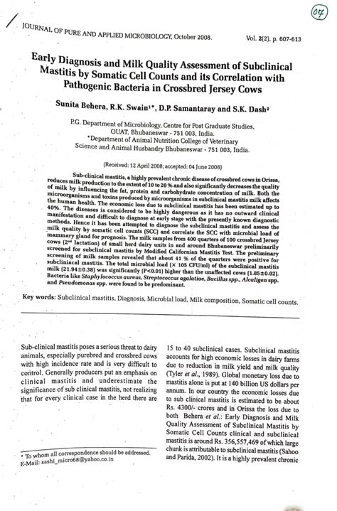 Pdf Early Diagnosis And Milk Quality Assessment Of Subclinical