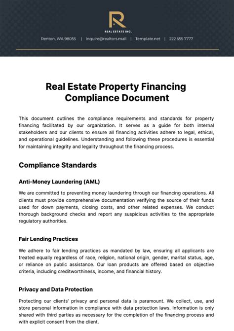 Free Real Estate Property Financing Compliance Document Template To Edit Online