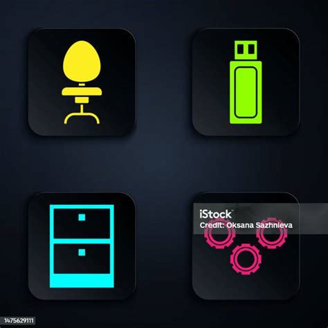 세트 기어 사무실 의자 보관 서류 서랍 및 Usb 플래시 드라이브 블랙 스퀘어 버튼 벡터 Usb 케이블에 대한 스톡 벡터 아트 및 기타 이미지 Istock