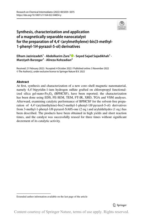 Synthesis Characterization And Application Of A Magnetically Separable Nanocatalyst For The