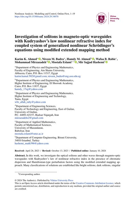 Pdf Investigation Of Solitons In Magneto Optic Waveguides With Kudryashovs Law Nonlinear