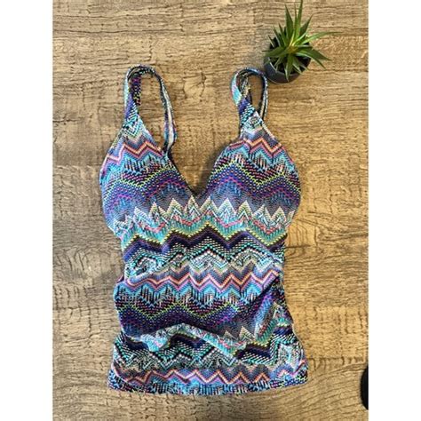 Gottex Skyline Chevron Tankini Top Sz 34d Colorful Boho Zigzag Swimwear