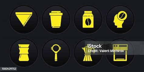 커피 메이커 바리스타 커피 필터 홀더 모카 포트 봉지 콩 컵 투고 기계 및 종이 아이콘 위에 붓기를 설정합니다 벡터 가공의