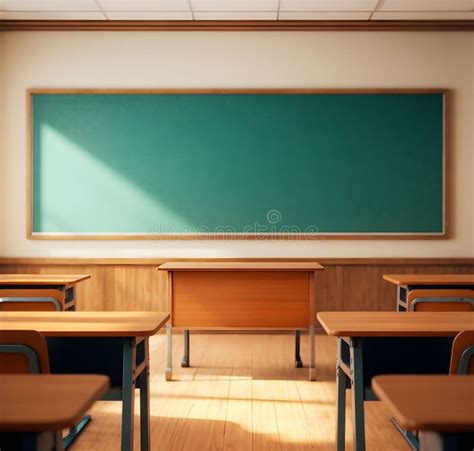 A Empty Classroom With Bench Chair Table And Blank Board Stock