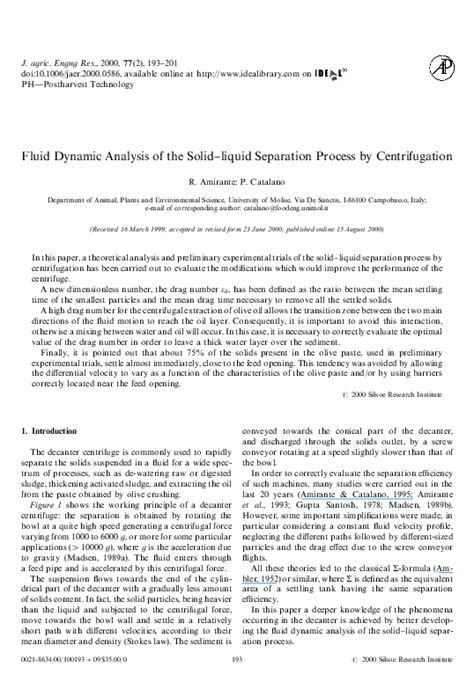 Pdf Fluid Dynamic Analysis Of The Solid Liquid Separation Process By Centrifugation