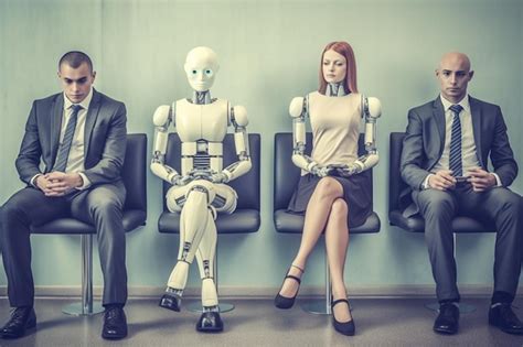 premium photo business people and humanoid ai robot sitting and
