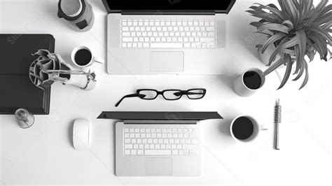 무료 3d 렌더링의 노트북 노트북 클립보드와 흰색 단색 색상을 갖춘 최소한의 작업 공간 플랫 레이 Ppt 배경 Slidesdocs